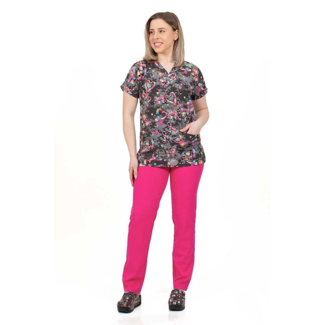Bluza medicala dama gri, cu elastan si imprimeu - Puzzle Butterfly ...