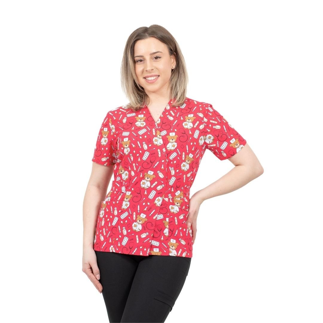 Women's white kimono-type medical blouse with print - Teddy Red - Women ...