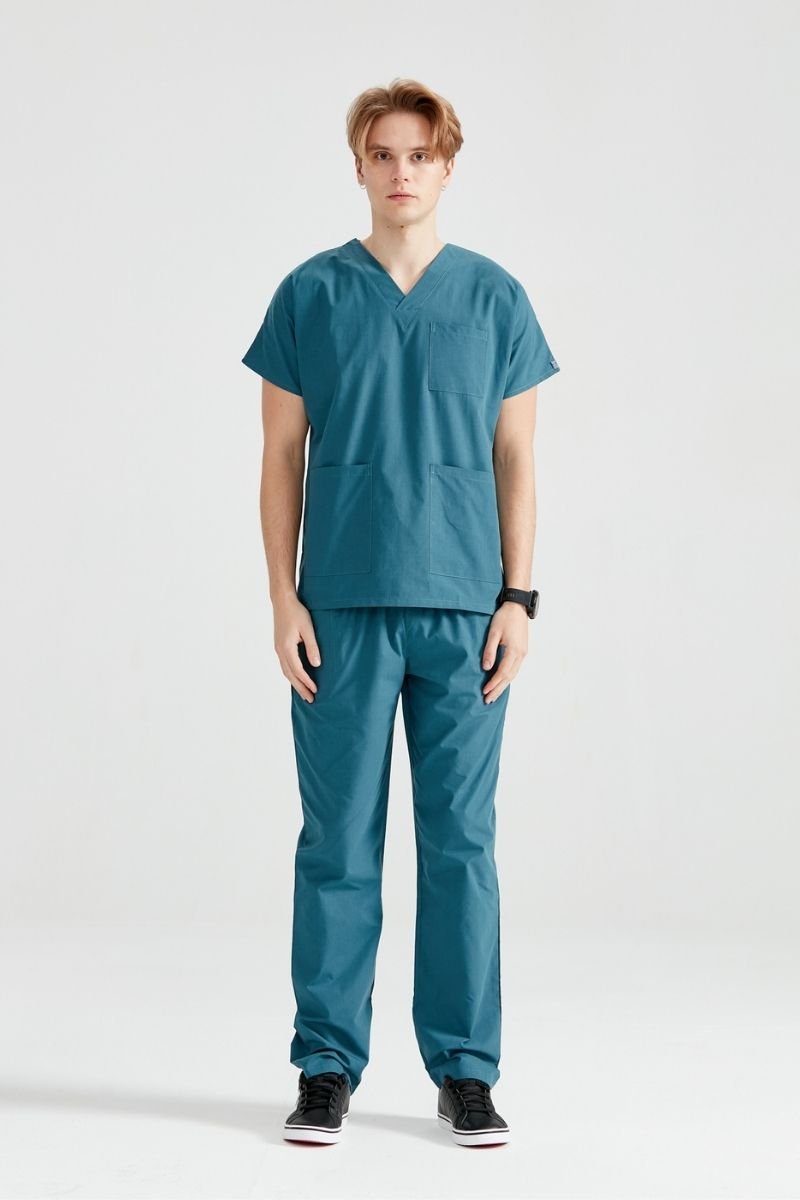 Elastane medical suit, men - Petrol Green - Suit with laced five-pocket ...