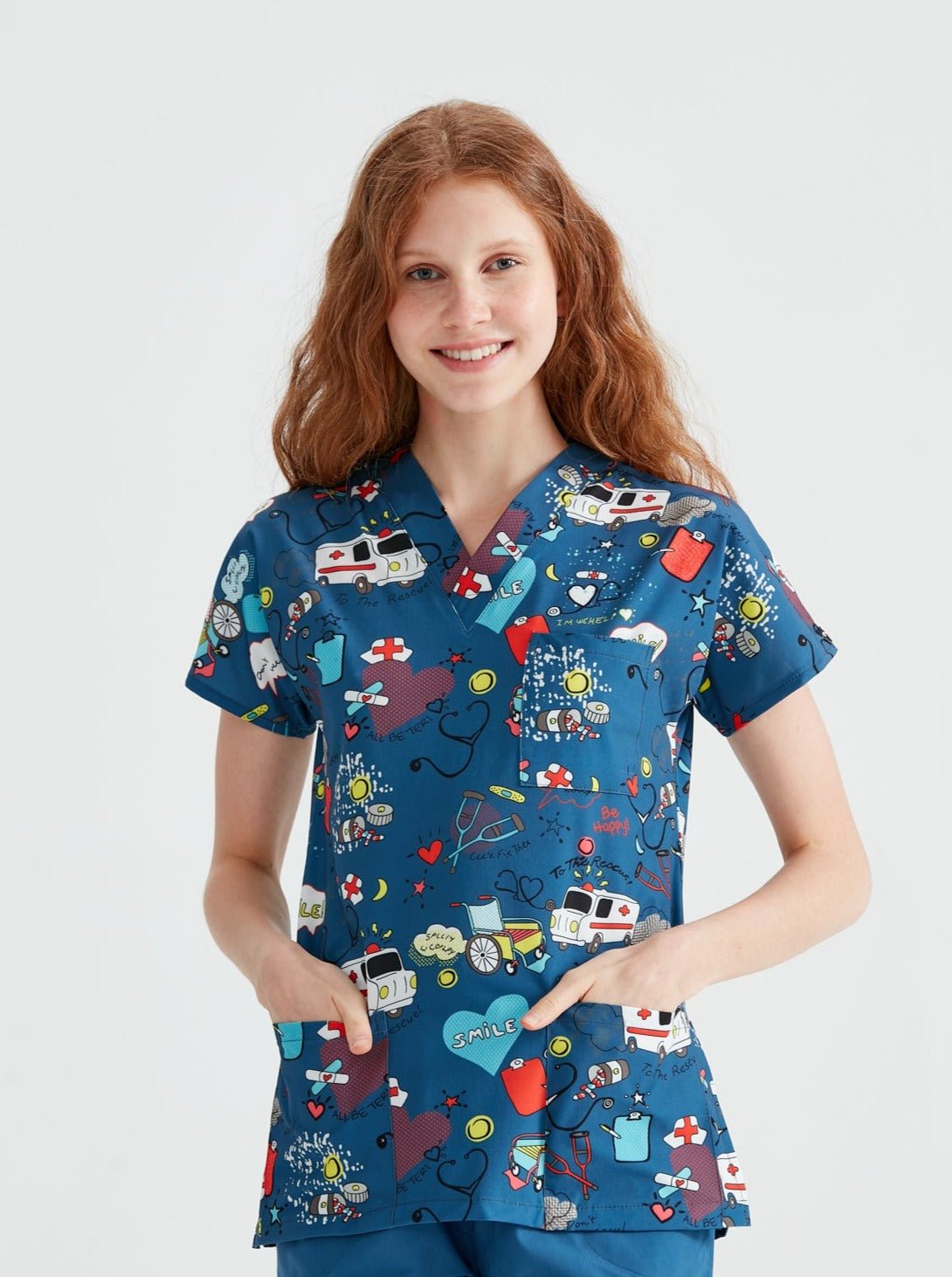 Bluza medicala dama, cu elastan, albastra, cu imprimeu - Ambulance Blue ...